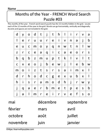 Months Of The Year In French
