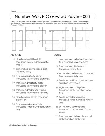 Number Crossword Puzzle - 003 Learn With Puzzles