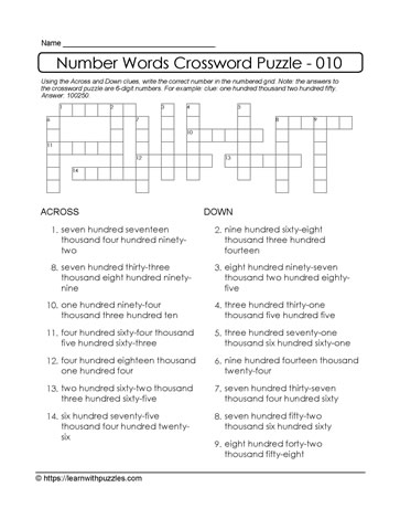 Number Crossword Puzzle - 010 Learn With Puzzles